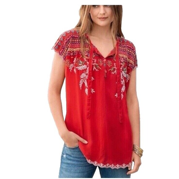 Johnny Was | Tops | Johnny Was Lissa Red Peasant Floral Embroidered Cap ...